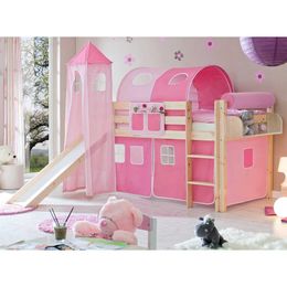 Pharao24.de M&auml;dchen Rutschbett in Wei&szlig; Kiefer massiv Turm und Tunnel in Rosa Pink