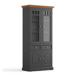 Pharao24.de Schrank Vitrine aus Kiefer Massivholz Grau und Eichefarben