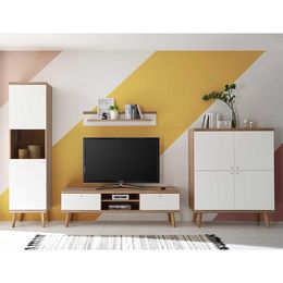 Pharao24.de TV Wohnwand in Wei&szlig; und Eiche Skandi Design (vierteilig)