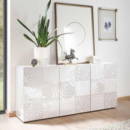 Pharao24.de T&uuml;ren Sideboard in Wei&szlig; Hochglanz Siebdruck verziert