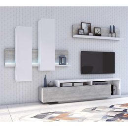 Pharao24.de Wohnzimmerwand modern in Beton Grau und Wei&szlig; LED Beleuchtung (dreiteilig)