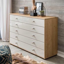 Pharao24.de Schubladenkommode in Beige Glas beschichtet Eiche teilmassiv