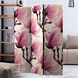 Pharao24.de Hoher Paravent in Wei&szlig; und Rosa Magnolien Motiv