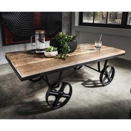 Pharao24.de Factory Couchtisch mit Metallr&auml;dern Massivholzplatte