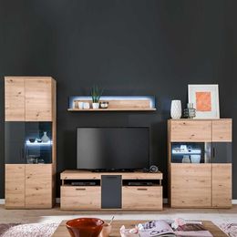 Pharao24.de Wohnzimmer Anbauwand in Anthrazit und Eichefarben 330 cm breit (vierteilig)