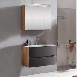 Pharao24.de Waschtisch und Spiegelschrank in Wildeichefarben und Grau Wandmontage (zweiteilig)