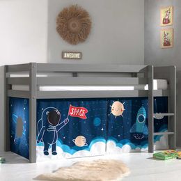 Pharao24.de Halbhohes Bett aus Kiefer Massivholz Grau mit Weltraum Vorhang