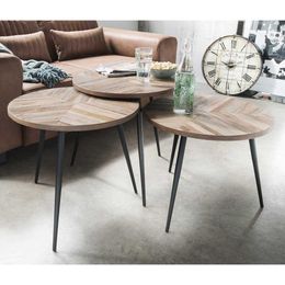 Pharao24.de Drei Beistelltische aus recyceltem Teak Massivholz Metall (dreiteilig)