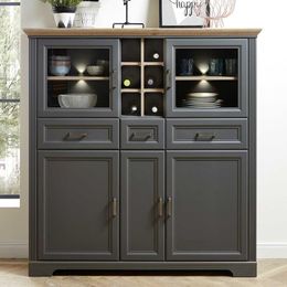 Pharao24.de Landhaus Highboard in Dunkelgrau und Eichefarben LED Beleuchtung