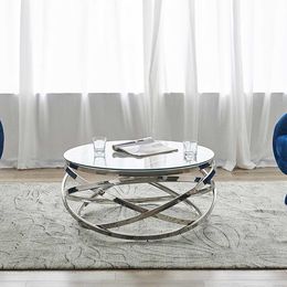 Pharao24.de Designcouchtisch silbern aus Sicherheitsglas Metall Ringgestell