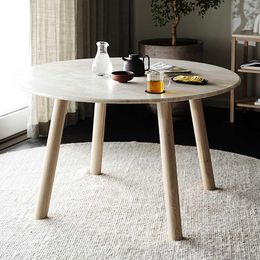 Pharao24.de Runder Esstisch aus Eiche Massivholz White Wash Marmorplatte in Beige