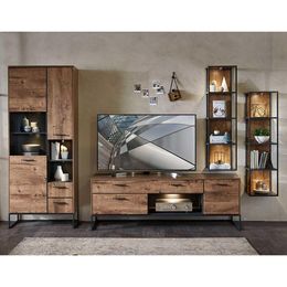 Pharao24.de Loft Design Wohnwand in Eiche dunkel Optik und Dunkelgrau 320 cm breit (vierteilig)