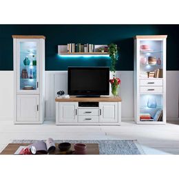 Pharao24.de Landhausstil Anbauwand 210 cm hoch Wei&szlig; und Eiche Optik (vierteilig)