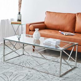 Pharao24.de Rechteckiger Sofatisch aus Sicherheitsglas und Metall 120 cm breit