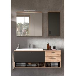 Pharao24.de Waschplatz Set mit Spiegelschrank in Dunkelgrau Wildeichefarben (dreiteilig)