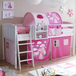 Pharao24.de Kinderhochbett aus Kiefer Massivholz und Webstoff Wei&szlig; und Pink