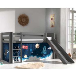 Pharao24.de Kinderhochbett in Grau Vorhang mit Weltraum Motiv