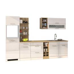 Pharao24.de Design K&uuml;chenblock in Wei&szlig; Hochglanz 300 cm breit (neunteilig)