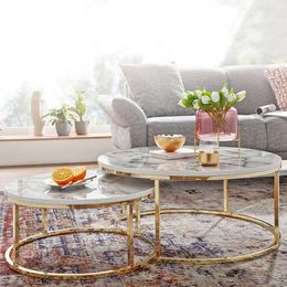 Pharao24.de Marmor Optik Couchtische in Wei&szlig; und Goldfarben modern (zweiteilig)