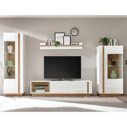 Pharao24.de Wohnzimmerschrankwand in Wei&szlig; und Wildeiche Optik Skandi Design (vierteilig)