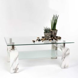 Pharao24.de Sofatisch modern mit Glasplatte Gestell in wei&szlig;er Marmor Optik