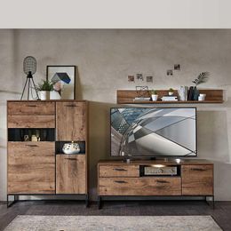 Pharao24.de TV Wohnwand im Loft Design Eiche dunkel Optik und Dunkelgrau (dreiteilig)