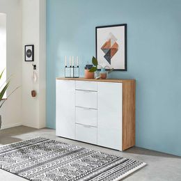 Pharao24.de Wohnzimmer Kommode in Wei&szlig; Glas beschichtet Eichefarben