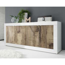 Pharao24.de Gro&szlig;es Sideboard in Wei&szlig; und Holz verwittert 4 t&uuml;rig