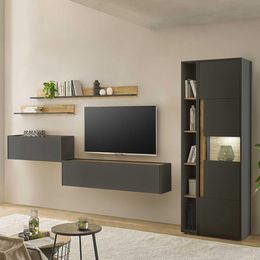 Pharao24.de Design Wohnwand mit Schreibplatz in Anthrazit Wildeichefarben (sechsteilig)