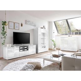Pharao24.de Wohnzimmer Anbauwand in Hochglanz Wei&szlig; floralem Siebdruck verziert (dreiteilig)