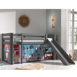Pharao24.de Rutschen Hochbett in Grau Vorhang mit Tier Motiven