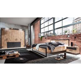 Pharao24.de Komplettschlafzimmer Loft in Plankeneiche Holzoptik Schwarzgrau (vierteilig)