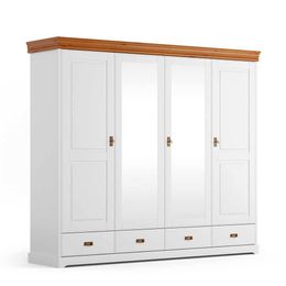 Pharao24.de Schlafzimmerschrank Holzkleiderschrank mit Spiegel T&uuml;ren und Metallgriffen aus Kiefer Massivholz in Wei&szlig; 253x218x62 cm Pharao24