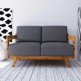 Pharao24.de Retrostil Couch in Hellgrau Webstoff Wildeiche Massivholz