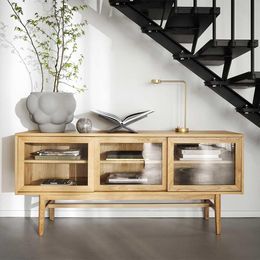 Pharao24.de Modernes Vitrinen Sideboard in Eichefarben drei Glast&uuml;ren
