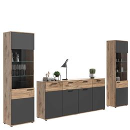 Pharao24.de Design Wohnwand in Wildeichefarben und Grau 200 cm hoch (dreiteilig)