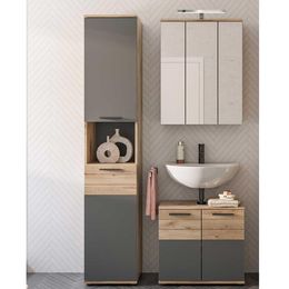 Pharao24.de Waschplatz Set mit Spiegelschrank in Wildeichefarben Grau (dreiteilig)