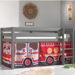 Pharao24.de Kinder Hochbett aus Kiefer Massivholz Grau mit Feuerwehr Vorhang