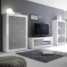 Pharao24.de Design Wohnwand in Beton Grau und Wei&szlig; Hochglanz Metallgriffen (dreiteilig)