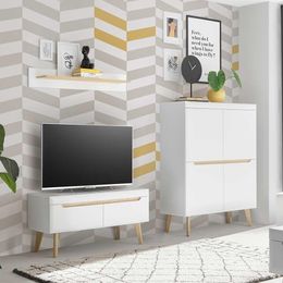 Pharao24.de Wohnzimmer Schrank Set in Wei&szlig; Eichefarben (dreiteilig)