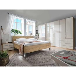 Pharao24.de Schlafzimmer Set in Beige und Eiche Bianco glasbeschichtet (vierteilig)