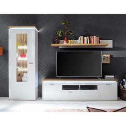 Pharao24.de TV Wohnwand in Wei&szlig; und Wildeiche Optik LED Beleuchtung (dreiteilig)