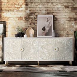 Pharao24.de Sideboard Kommode geschnitzt Floral aus Mangobaum Massivholz in Cremewei&szlig; 190x80x40 cm Vintage Pharao24