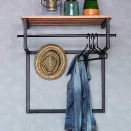 Pharao24.de Industry Design Wandgarderobe aus Stahl in Schwarz Hutablage aus Holz