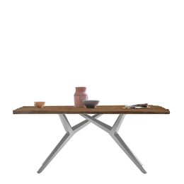 Pharao24.de Design Esstisch in Teak und Altsilberfarben Massivholzplatte