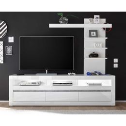 Pharao24.de TV Lowboard und Regal in Wei&szlig; Hochglanz und Beton Grau LED Beleuchtung (zweiteilig)