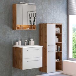 Pharao24.de Badezimmer Kombination in Wei&szlig; und Wildeiche Optik LED Beleuchtung (vierteilig)