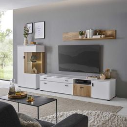 Pharao24.de Design Wohnwand in Wildeichefarben Wei&szlig; (dreiteilig)