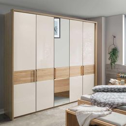 Pharao24.de Schlafzimmerkleiderschrank in Beige Glas beschichtet Eiche Massivholz