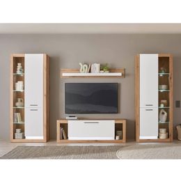 Pharao24.de Wohnwand modern Wohnzimmerwand in Wei&szlig; & Eichefarben 310 cm breit (vierteilig)